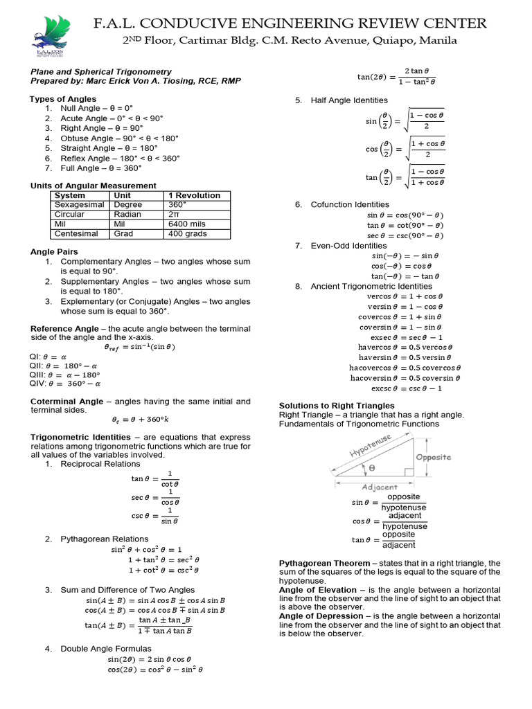 Plane & Spherical Trigonometry (Engr. Tiosing) | PDF