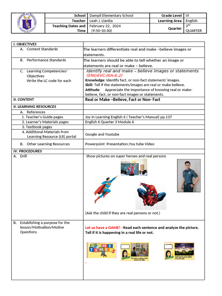 Cot - English 6 Quarter 3 Real and Make Believe | PDF