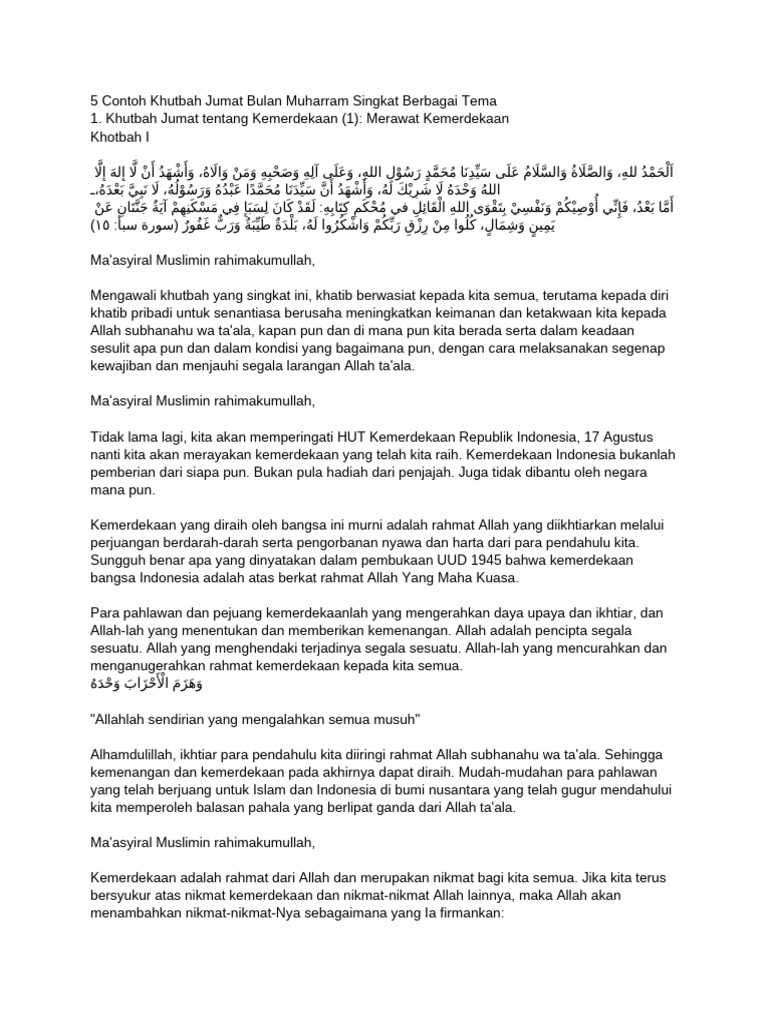 5 Contoh Khutbah Jumat Bulan Muharram Singkat Berbagai Tema | PDF