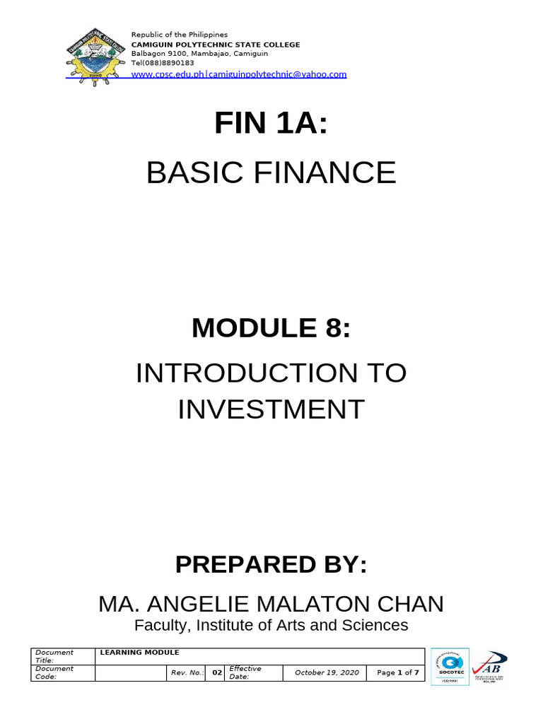 Fin 1a Module 8 | PDF