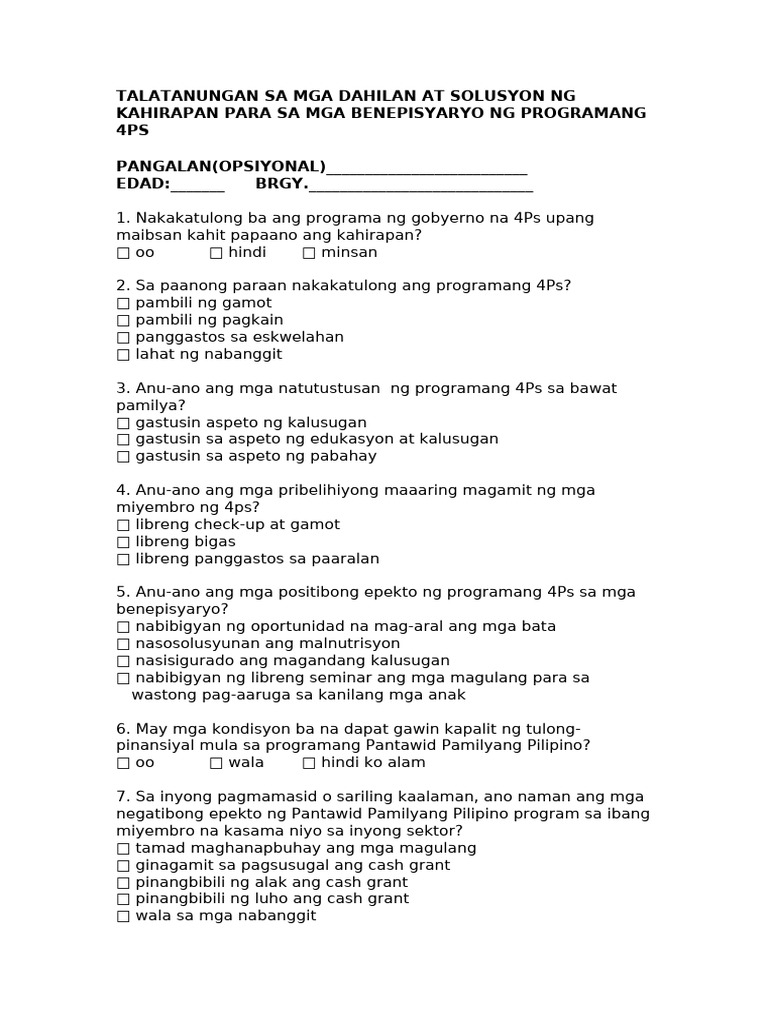 Talatanungan Sa Mga Dahilan at Solusyon NG Kahirap | PDF
