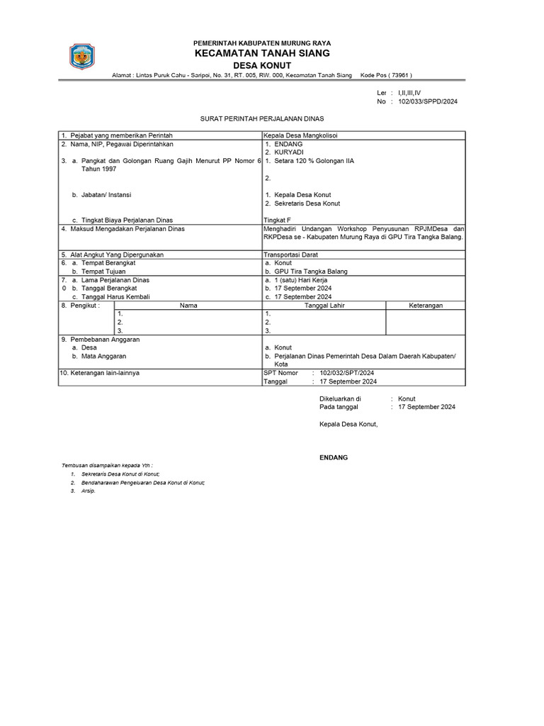 Depan SPPD Kegiatan Penyusunan RPJMDes Dan RKPDes Konut 17 Sep 2024 | PDF