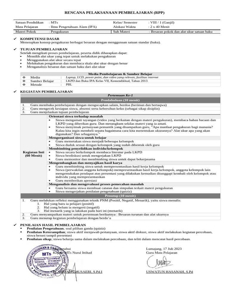 RPP Dan LKPD PENGUKURAN | PDF | Karier & Perkembangan