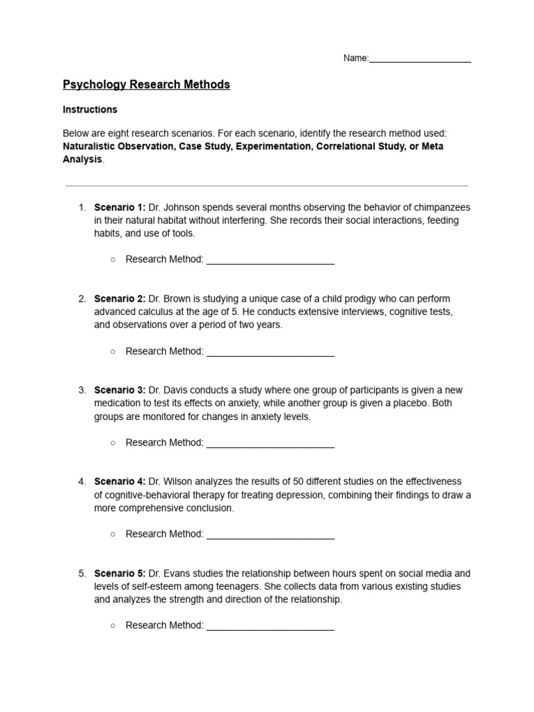 Psychology Research Methods & Procedures Worksheet | PDF