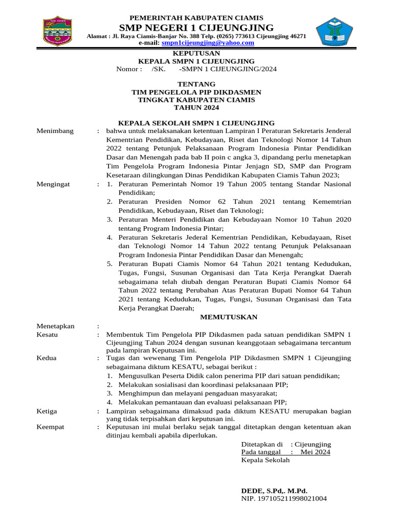 SK Tim Pengelola PIP Tahun 2024 | PDF