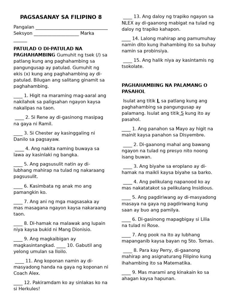 PAGSASANAY SA FILIPINO 8-Pahambing | PDF
