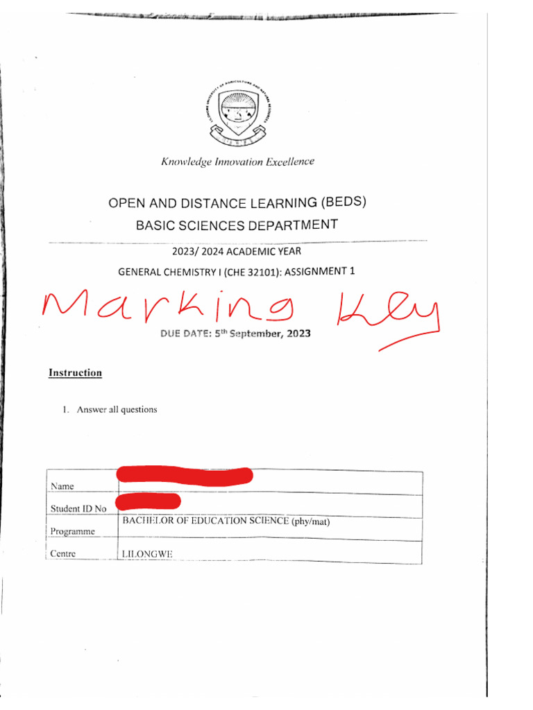 Che 32101 Assignment 1 - Marking Key | PDF
