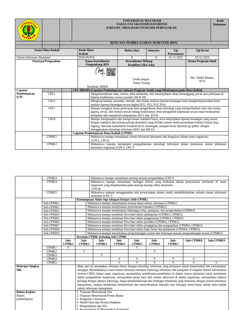 Rps Sia d3 Pajak 2023 Berbasis Obe | PDF