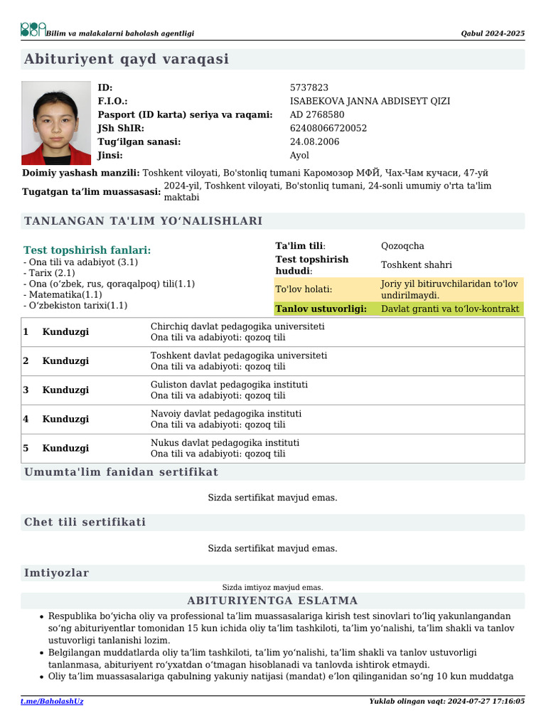 Isabekova Janna Abdiseyt Qizi Qayd Varaqa | PDF