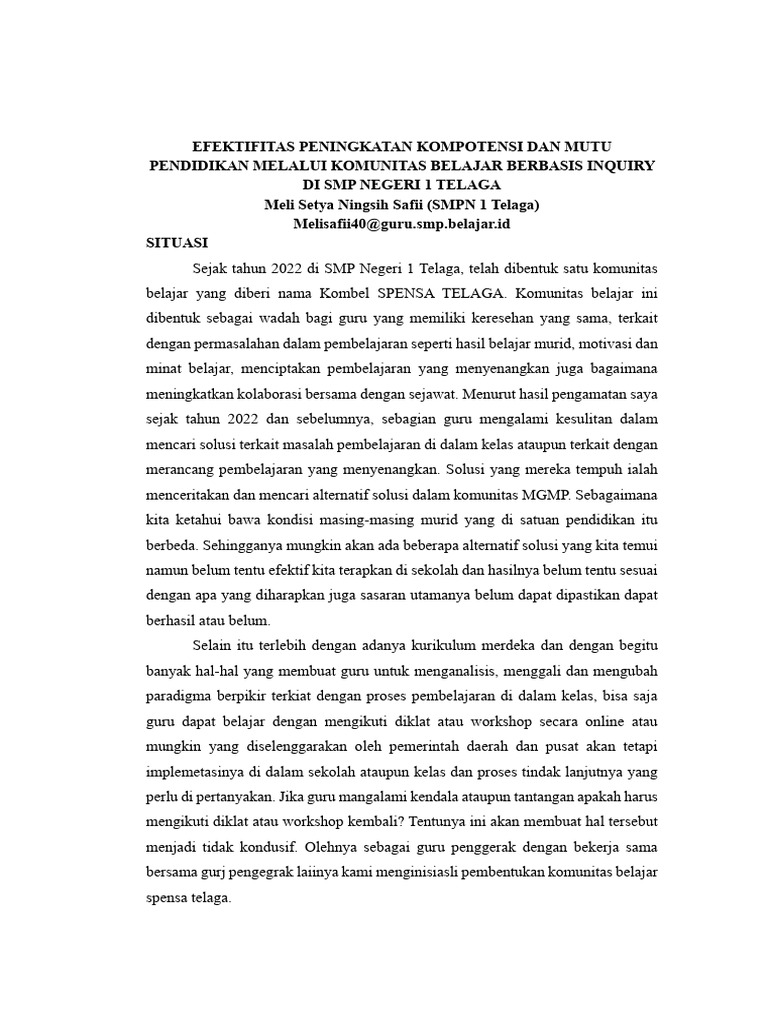 Cerita Praktikbaik Kombel Spensa Telaga - Meli Setya Ningsih Safii | PDF