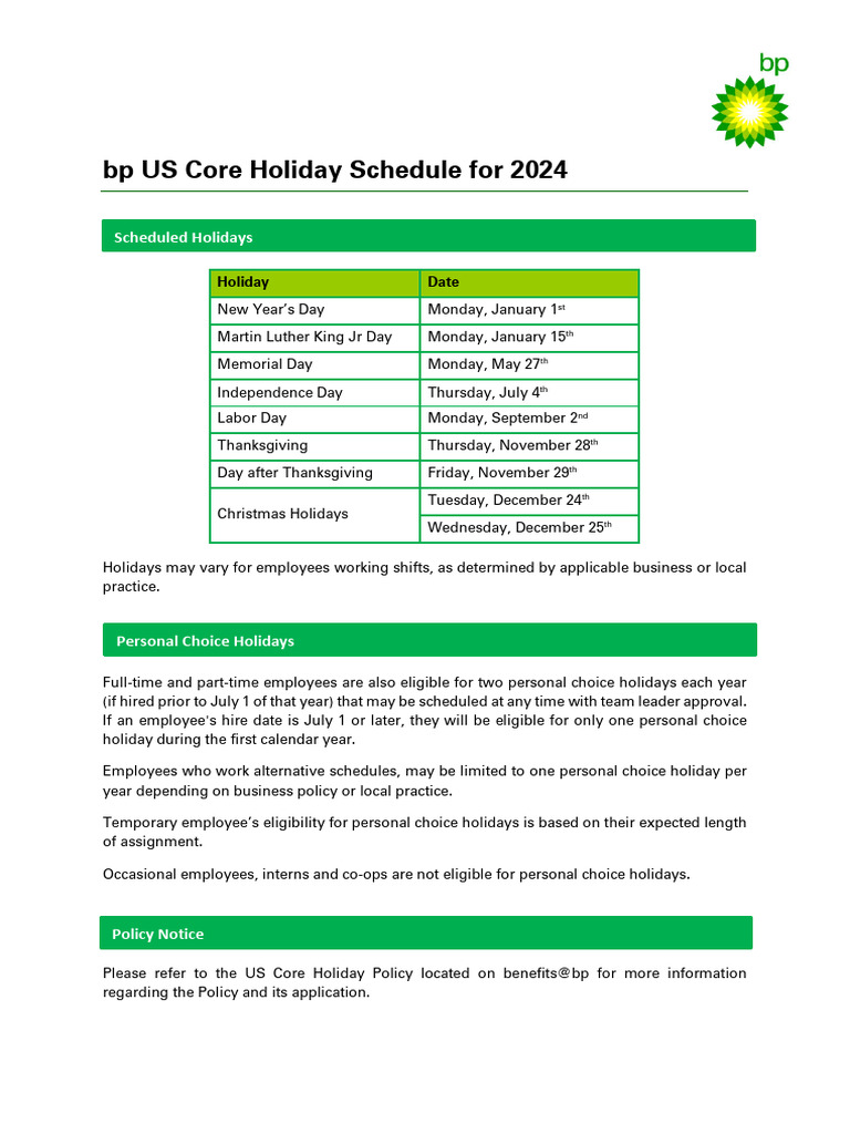 2024 US Core Holiday Schedule | PDF