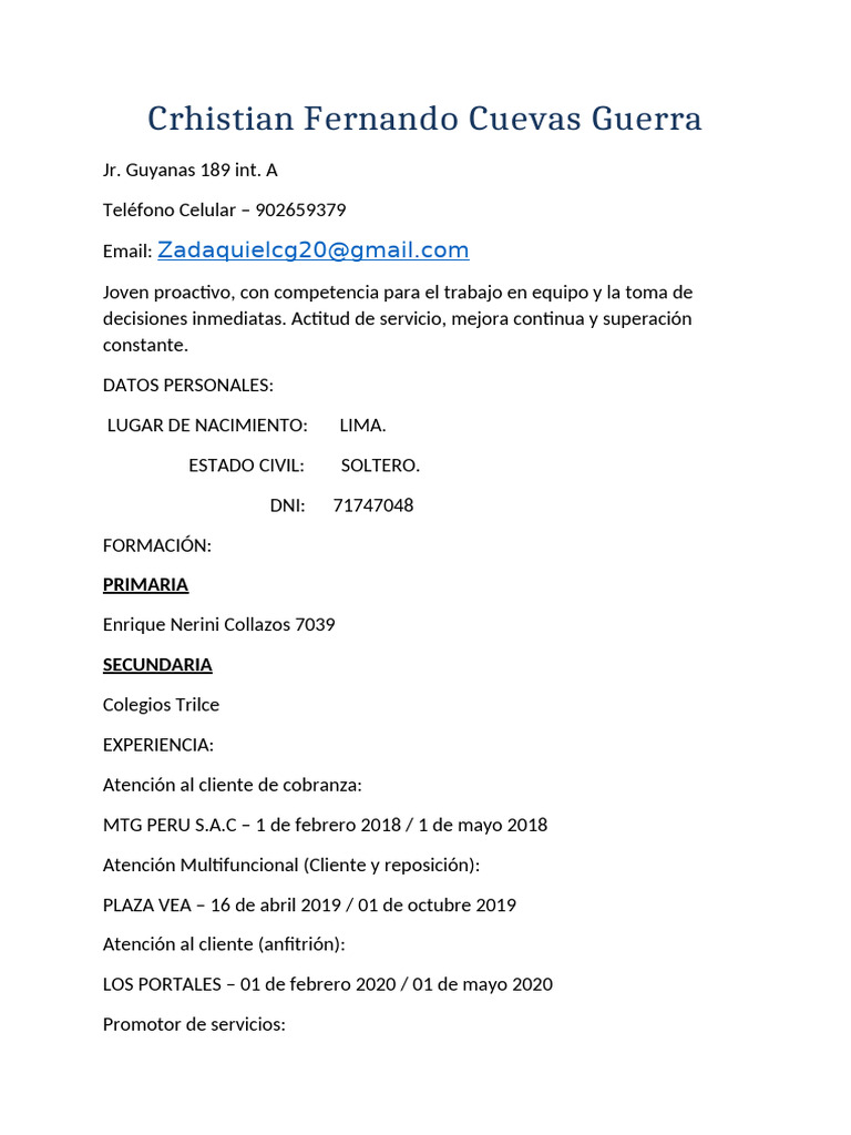 Crhistian Cuevas Guerra Curriculum Vitae Actualizado | PDF