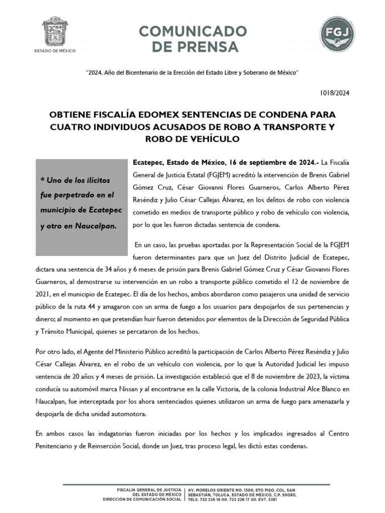 Comunicado 1018 2024 | PDF | Robo | Política