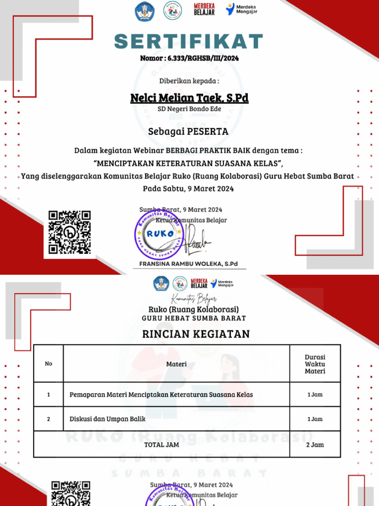 Sertifikat - Nelci Melian Taek, S.PD | PDF