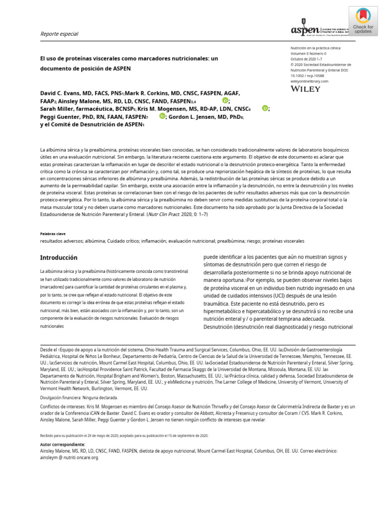 The Use of Visceral Proteins as Nutrition Markers- An ASPEN Position ...