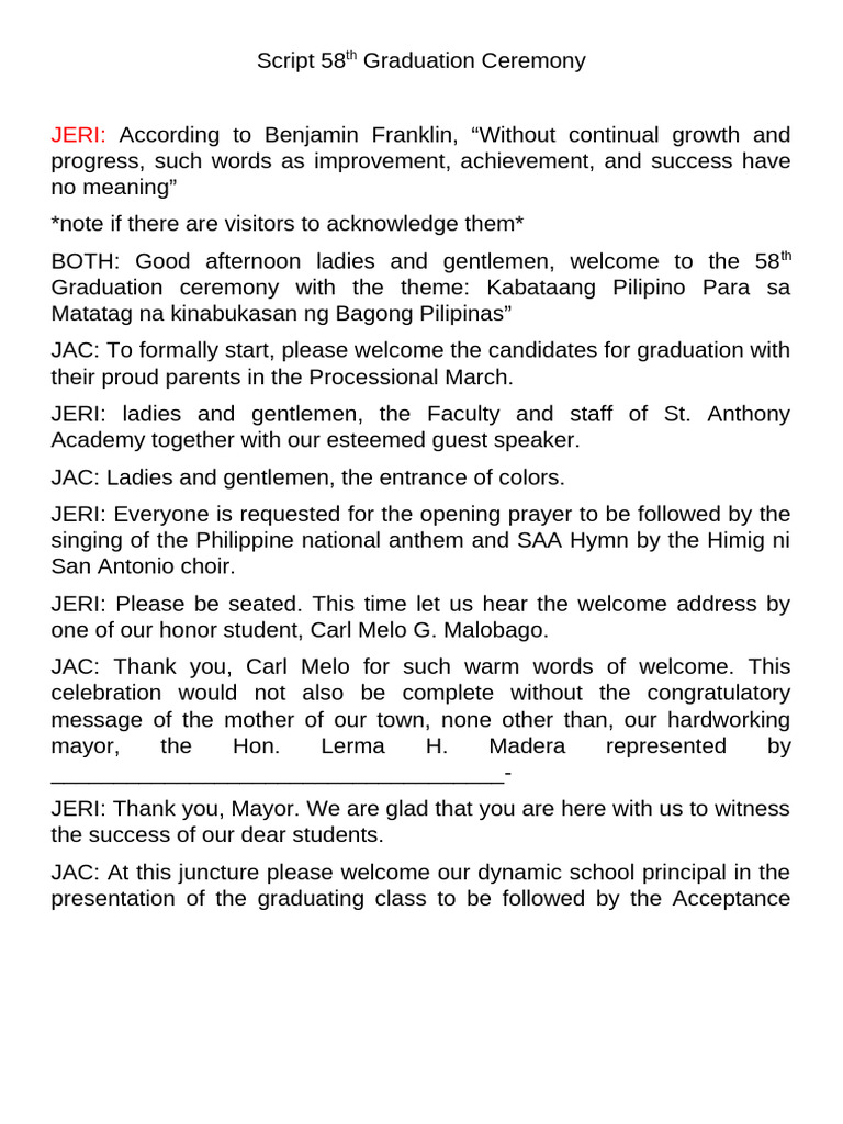Script for Graduation | PDF