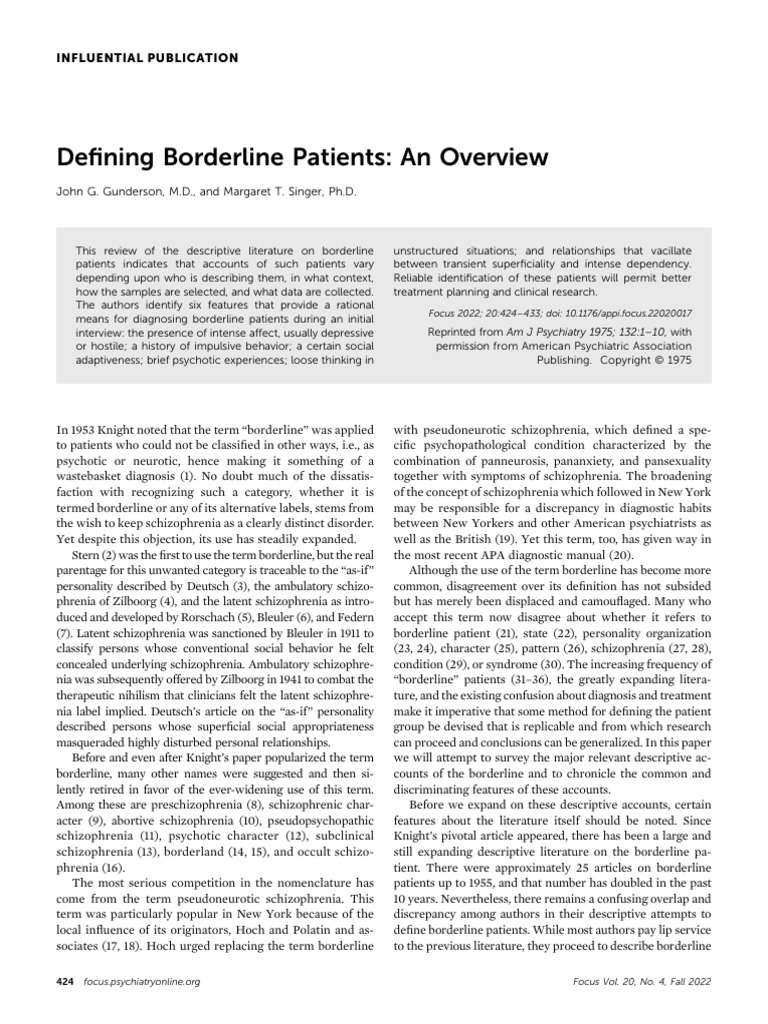 Gunderson Singer 1975 Defining Borderline Patients | PDF