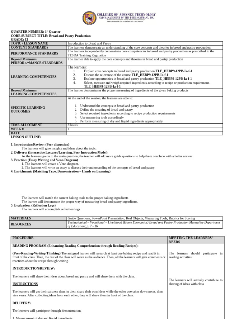 TG - 1ST Quarter - Bread and Pastry Production | PDF