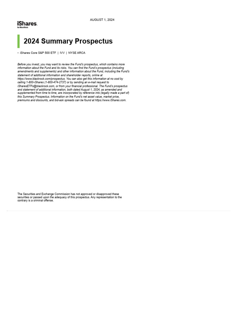 2024 Summary Prospectus: - Ishares Core S&P 500 Etf - Ivv - Nyse Arca | PDF
