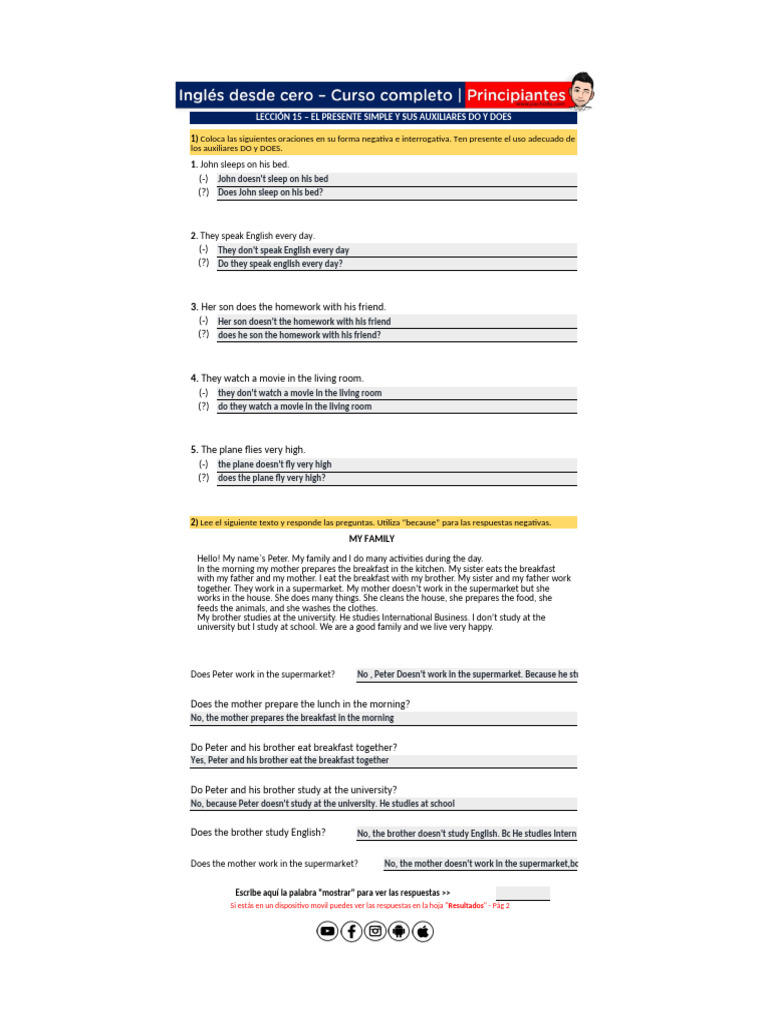 Lecciòn 15 - El Presente Simple y Sus Auxiliares Do y Does | PDF