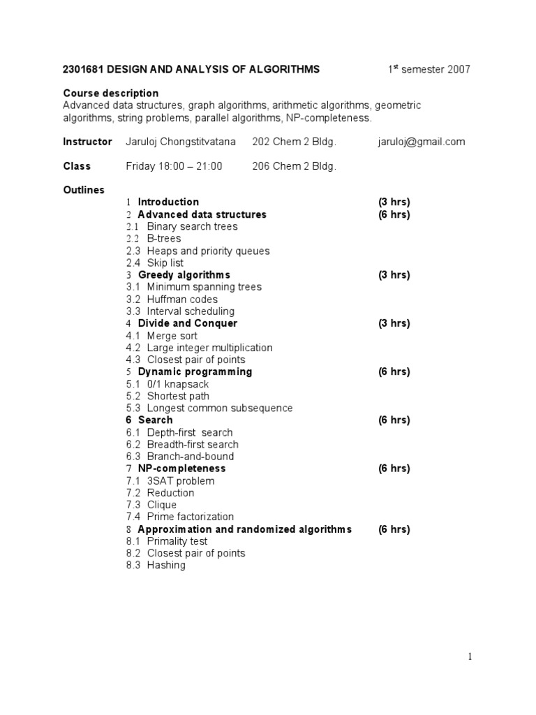 Design and Analysis of Algorithms Course Description | PDF