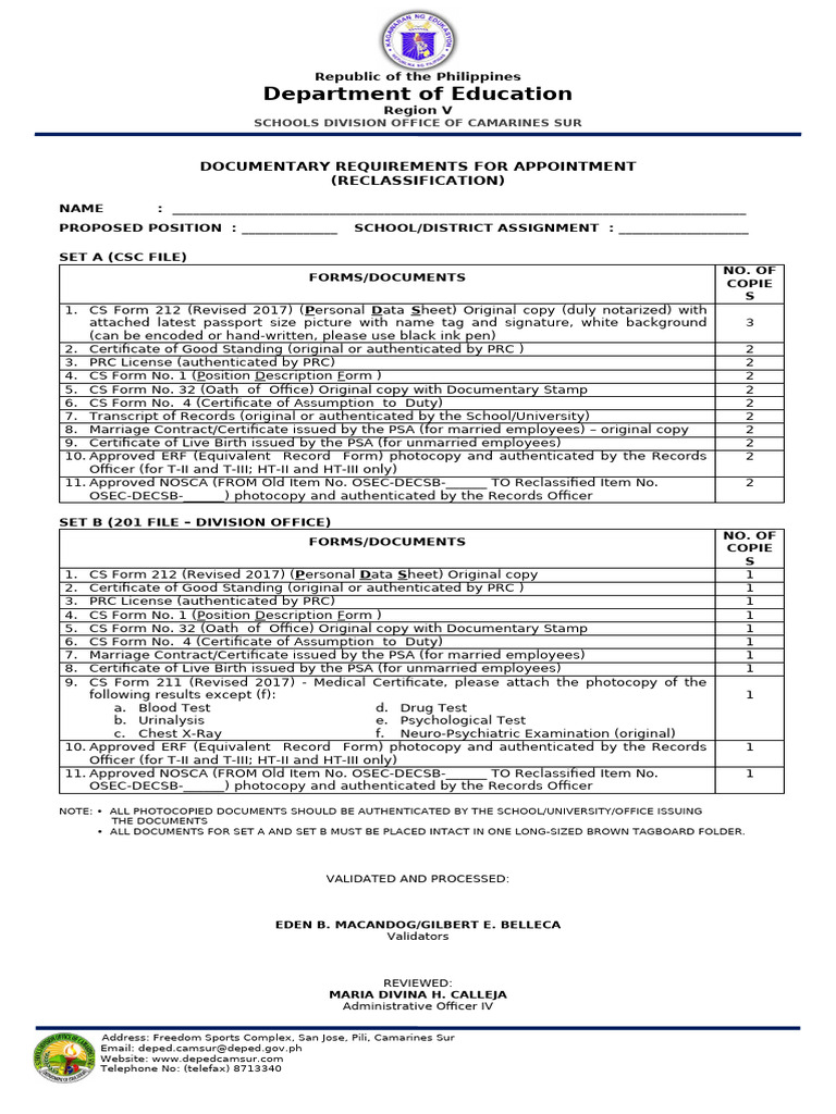 DOCUMENTARY REQUIREMENTS FOR APPOINTMENT - Reclassification | PDF