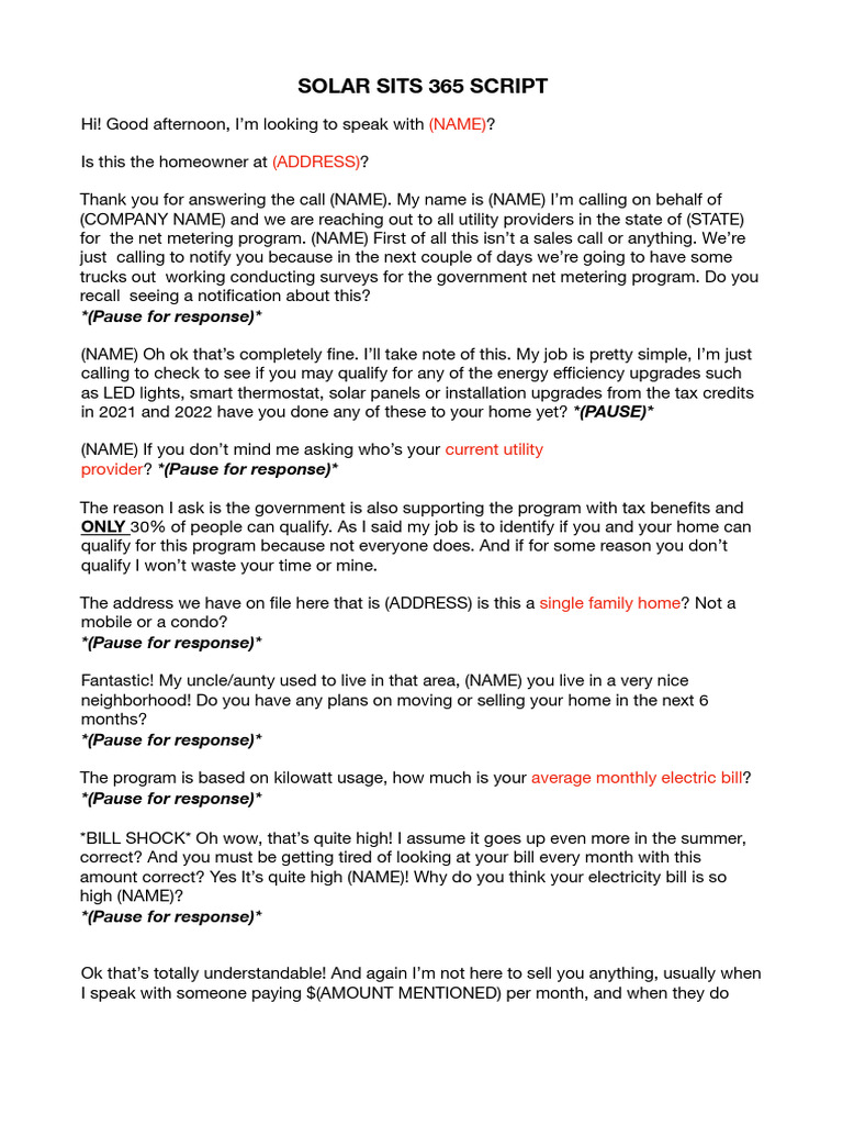 Solarsits365 Calling Script | PDF