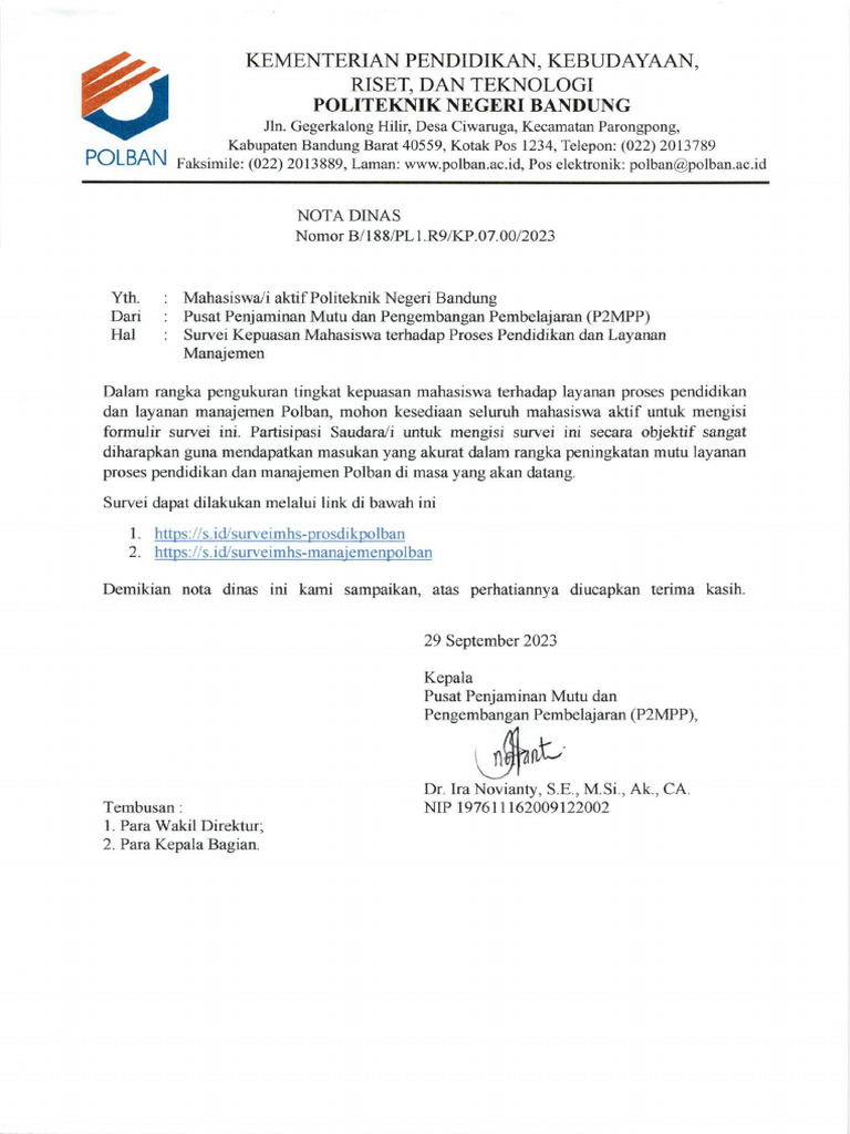 188.B - Permohonan Pengisian Survei Kepuasan Mahasiswa Terhadap Proses Pendidikan Dan Layanan ...