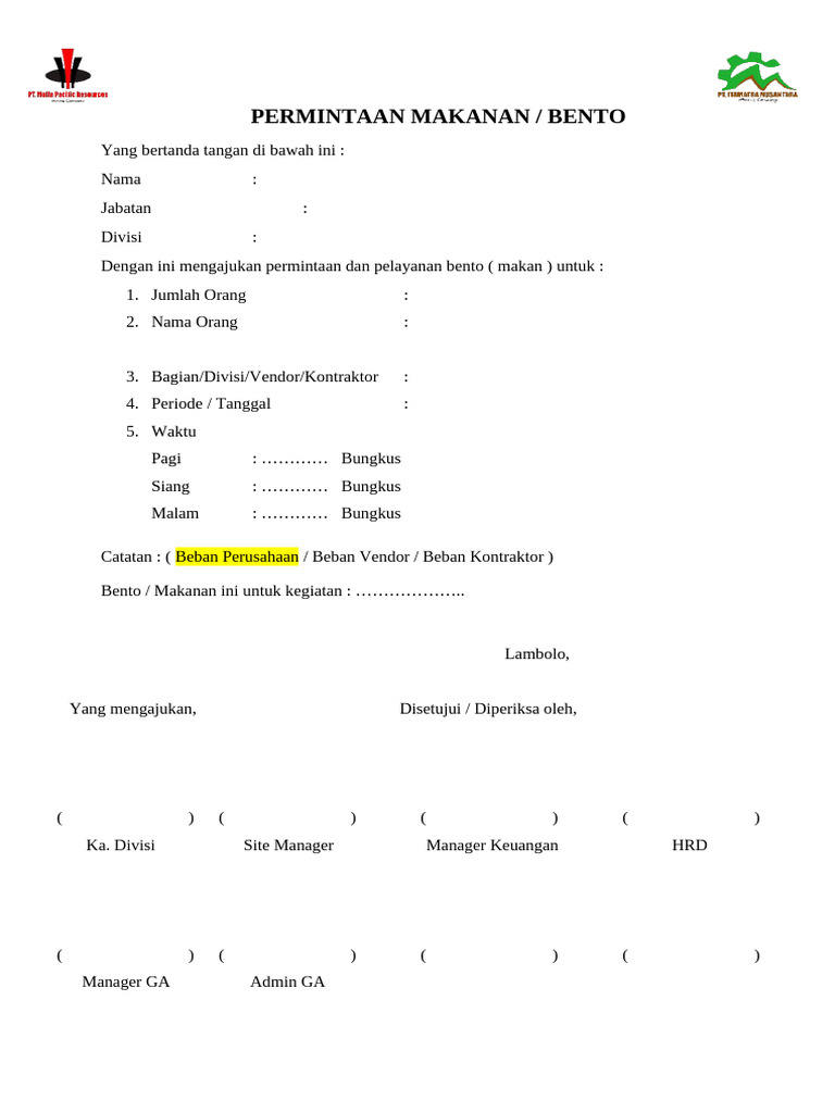 Form Permintaan Makanan (Ver Baru) | PDF