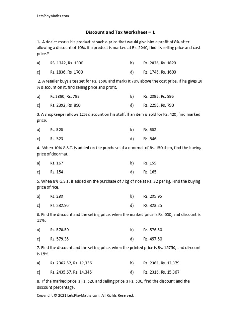 Class 8 Tax Discount Worksheet 1 | PDF