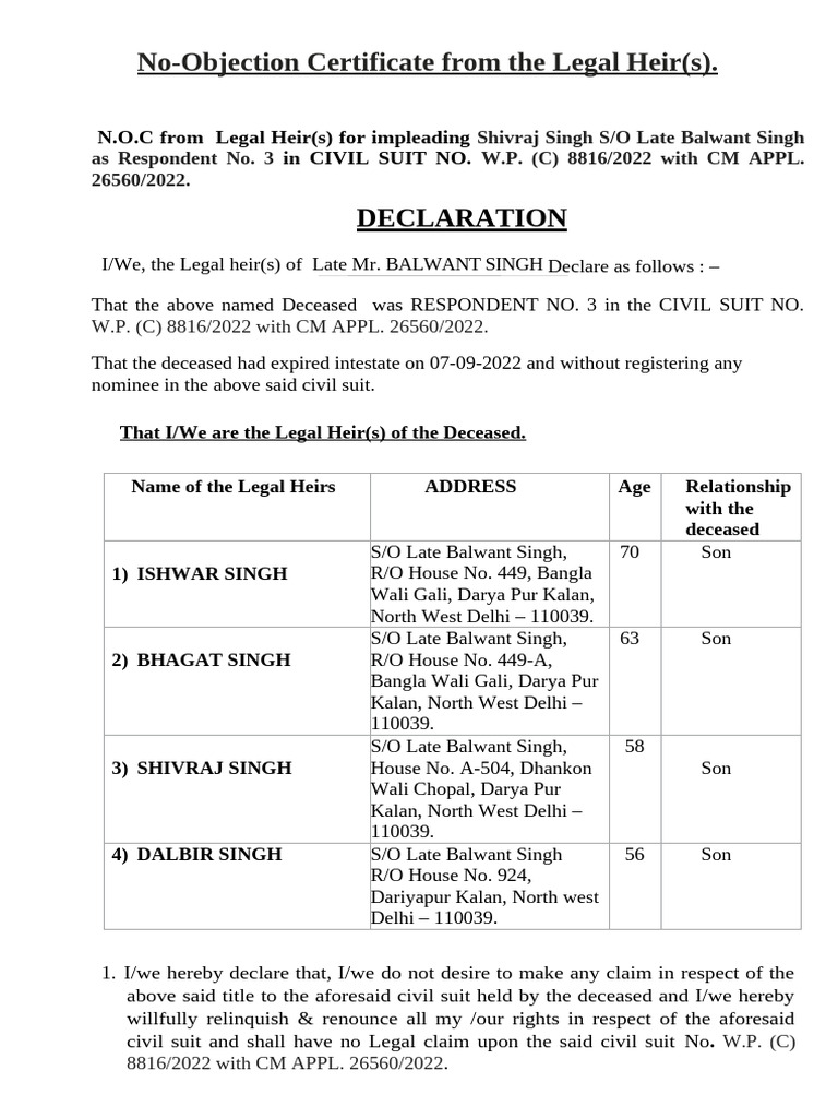 Balwant Singh - NOC-from-other-legal-heirs | PDF | Document | Practice Of Law