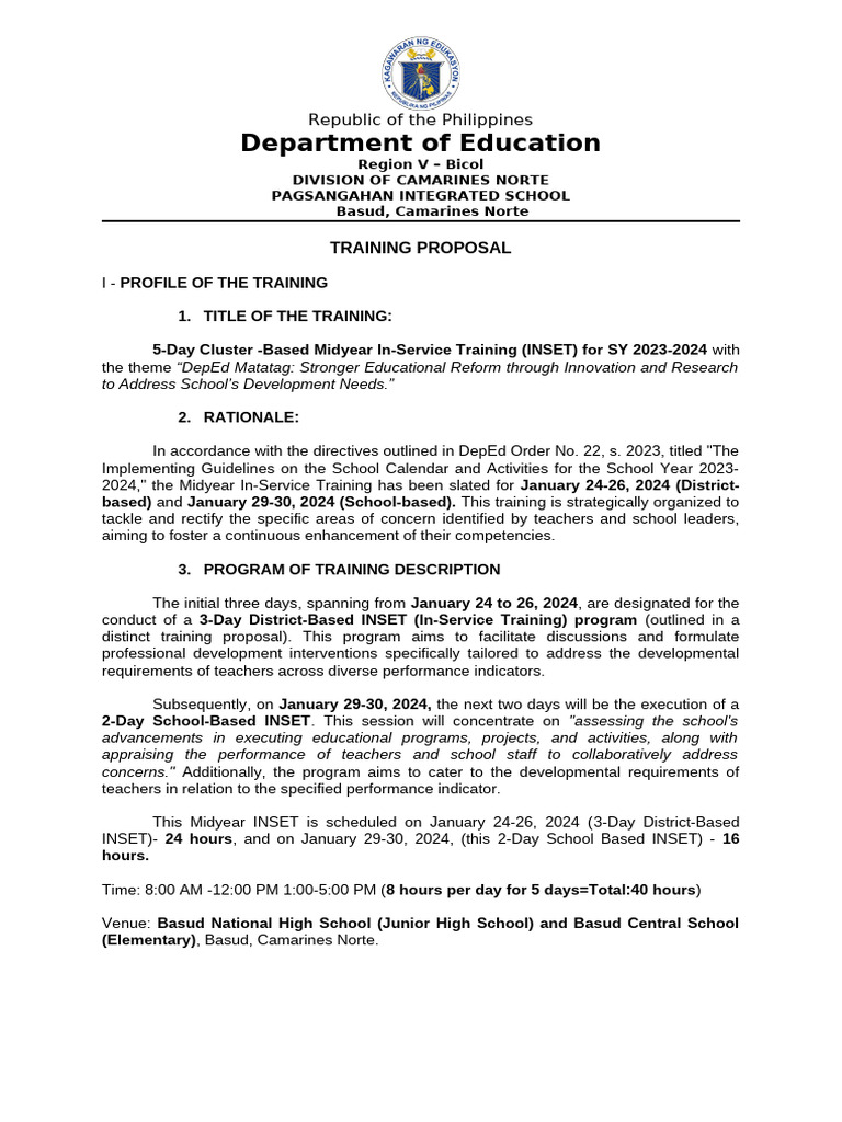 2 Day School Based Inset 2024 Proposal Pis | PDF