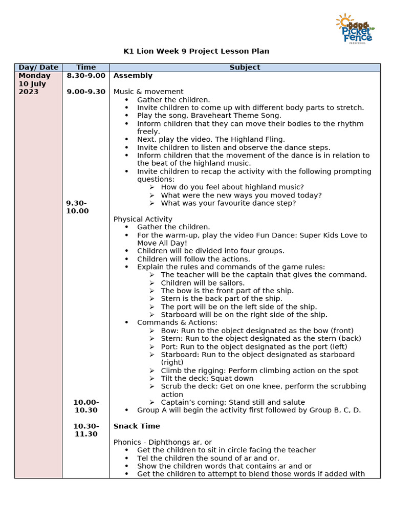 K2 LION Lesson Plan - Week 9 | PDF | Learning
