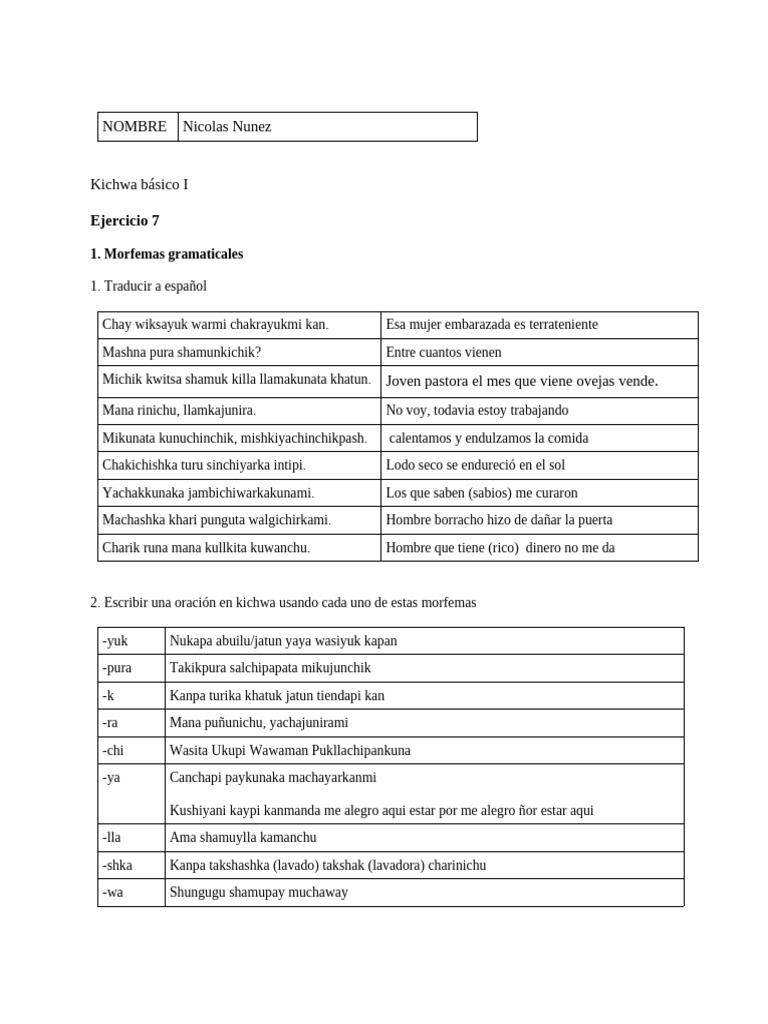 Kichwa I Ejercicio 07 - Morfemas Gramaticales y Familia 2018B (1) - 1 | PDF