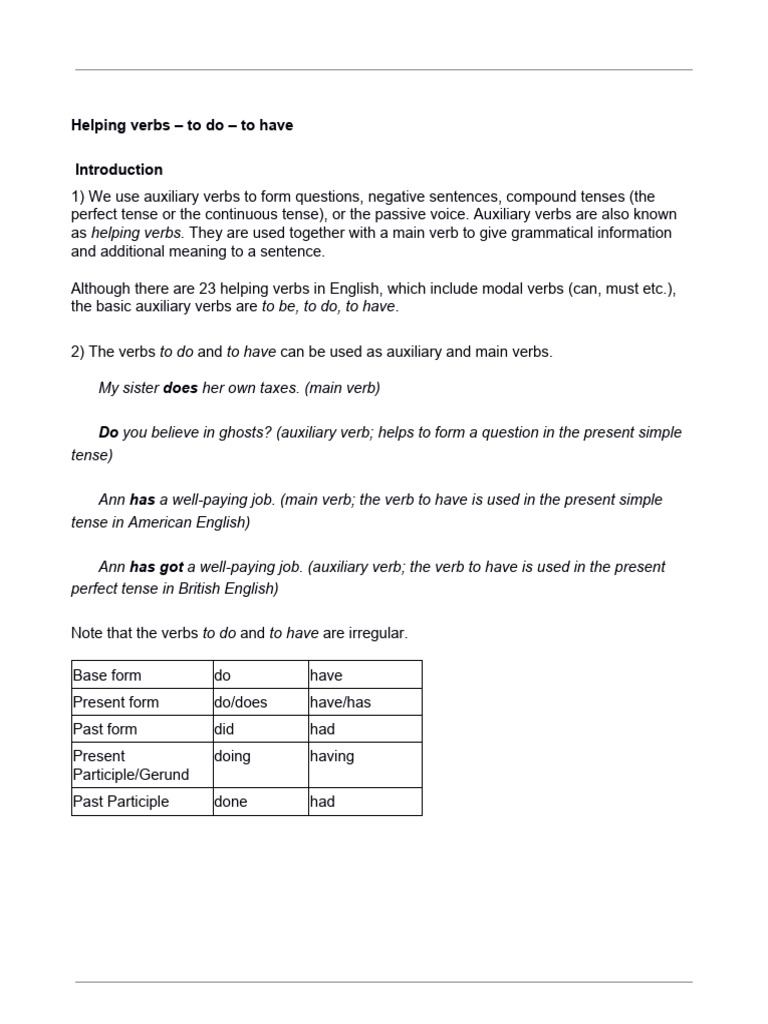 Understanding Helping Verbs: To Do & To Have | PDF | Verb | Grammatical ...