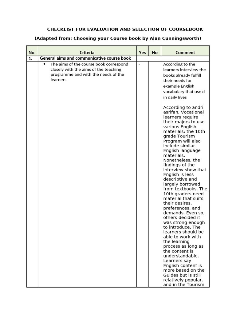 Checklist for Evaluation and Selection of Coursebook | PDF