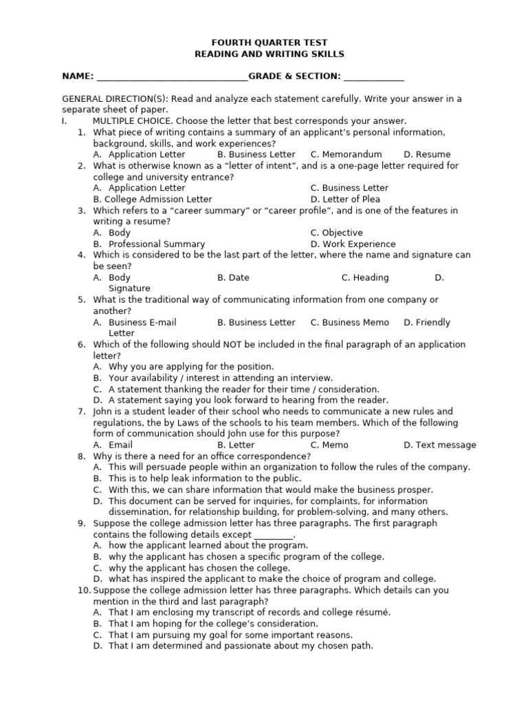 FOURTH-SUMMATIVE-TEST-READING-AND-WRITING | PDF