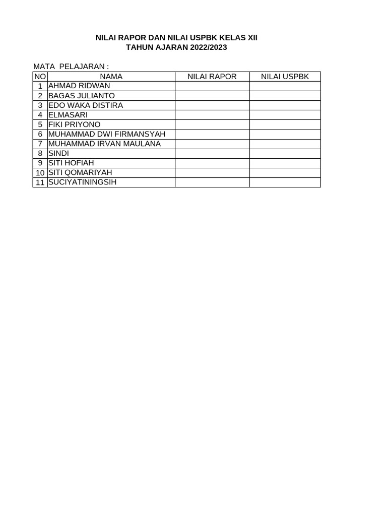 Form Nilai Rapor Dan Usp 2023 | PDF