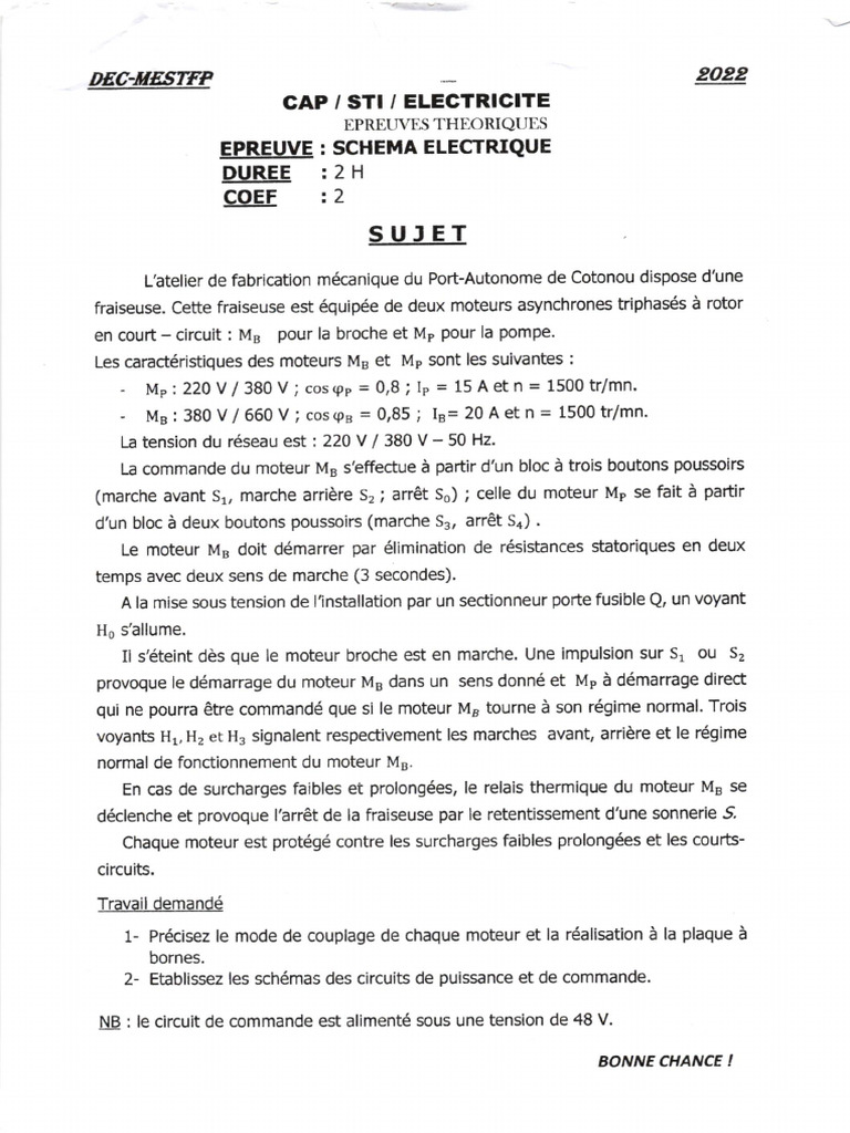 CAP Electricité 2022 Schéma Électrique | PDF