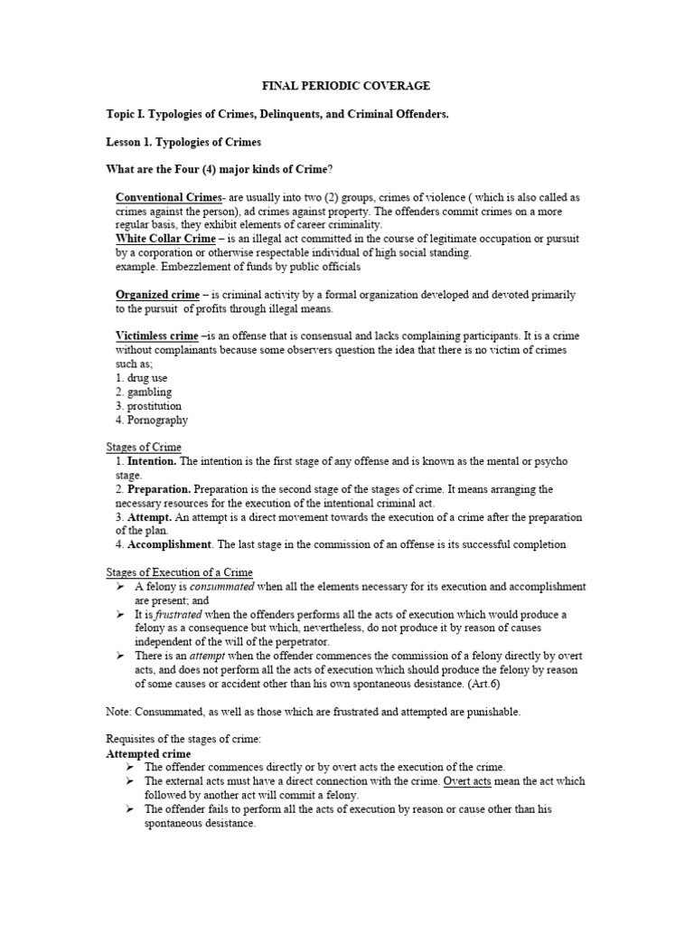 Final Topic I. Typologies of Crimes Delinquents and Criminal Offenders. (1) | PDF