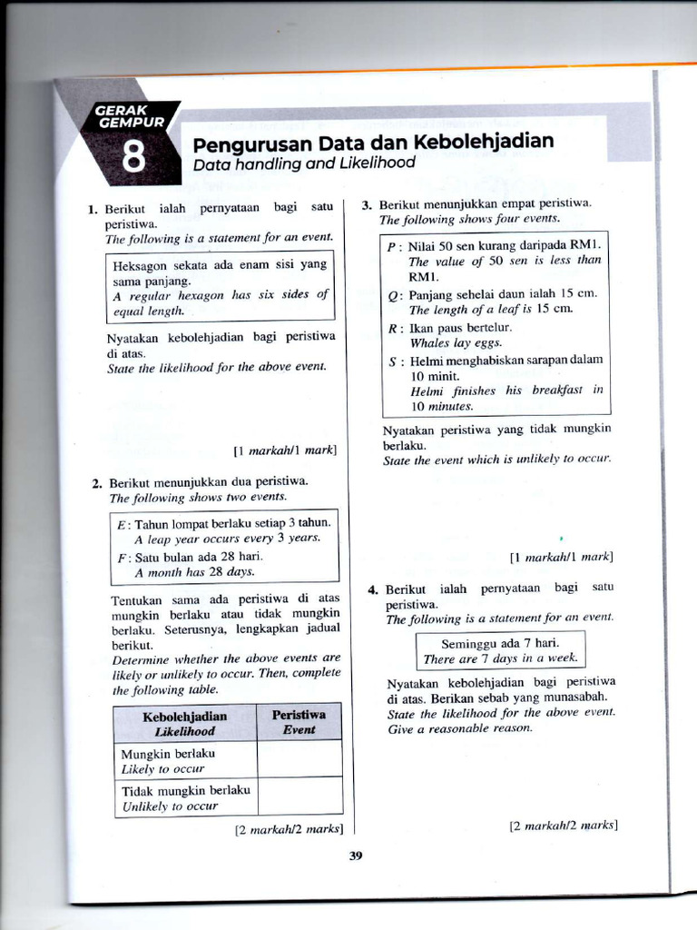 Math Darjah 6 Bab 8 Pengurusan Data Dan Kebolehjadian Part 6 | PDF