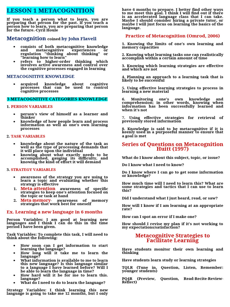Lesson 1 Metacognition & Lesson 2 Learner Center Teacher | PDF | Learning | Metacognition