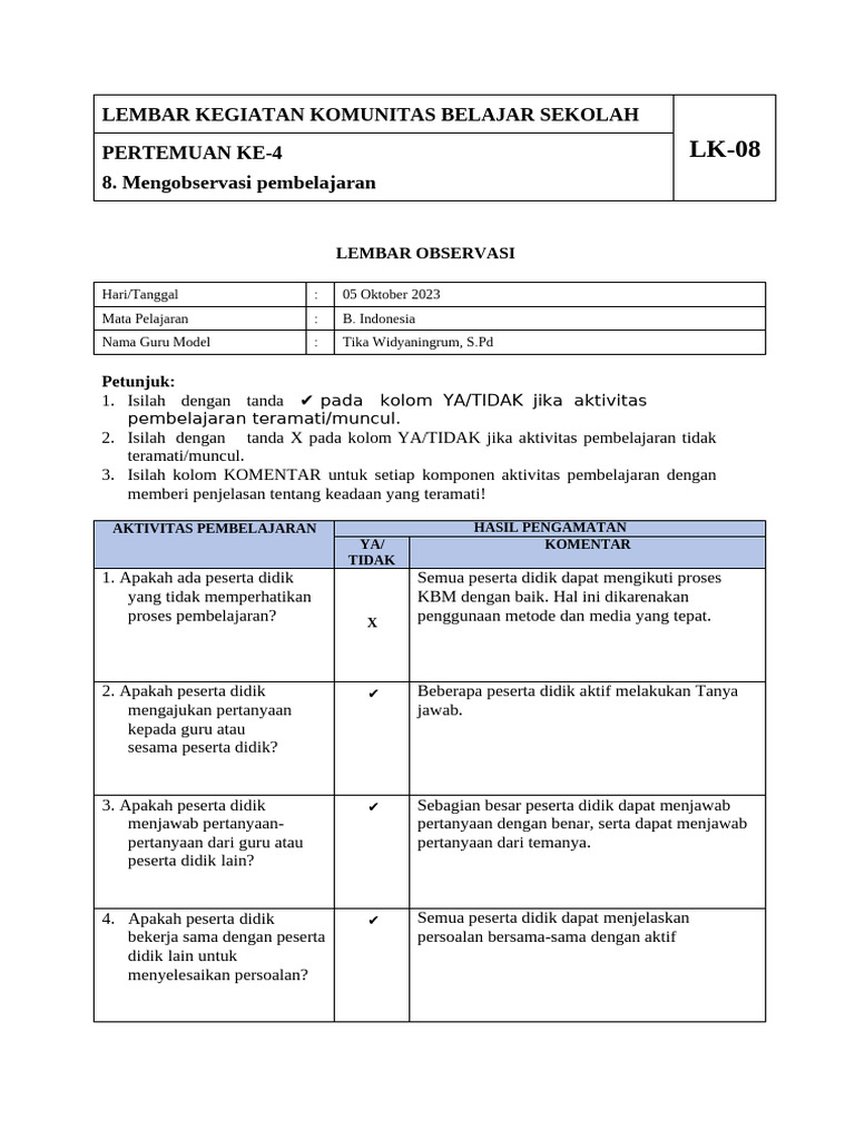 LK-08 Lembar Observasi Pelaksanaan Open Lesson | PDF