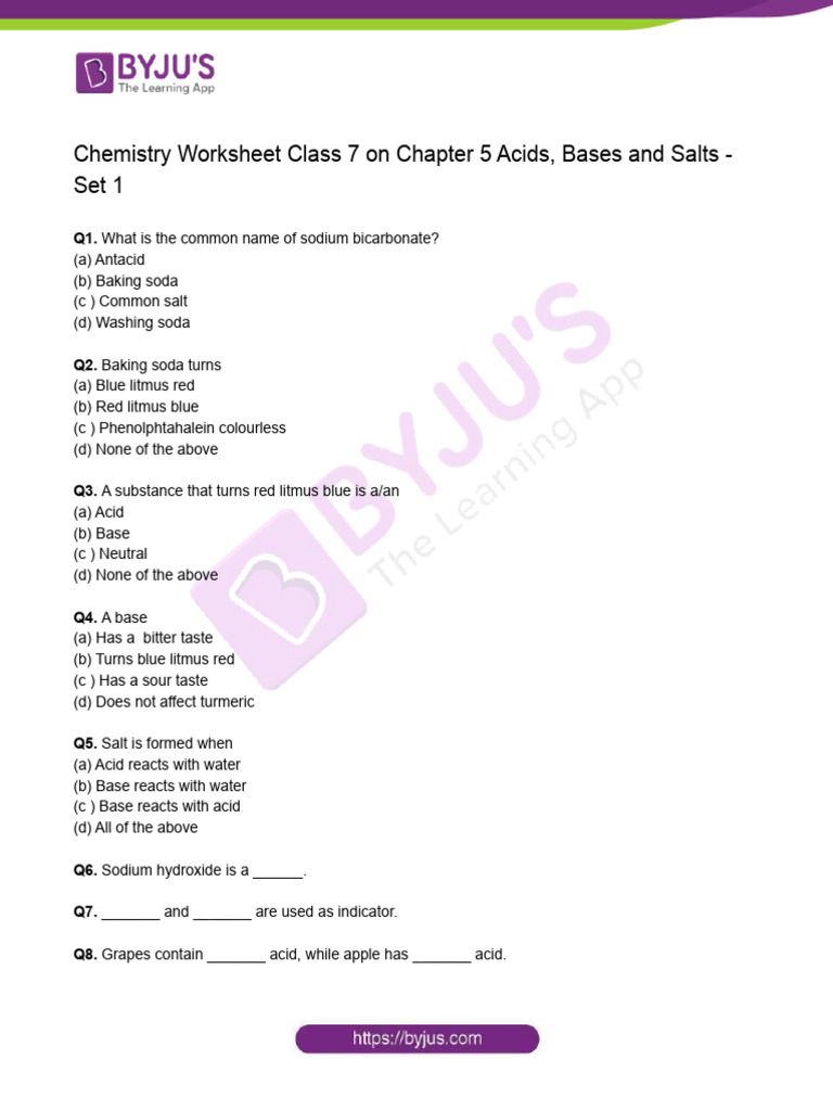 Chemistry Worksheet Class 7 On Chapter 5 Acids Bases and Salts Set 1.docx 1 | PDF | Science ...
