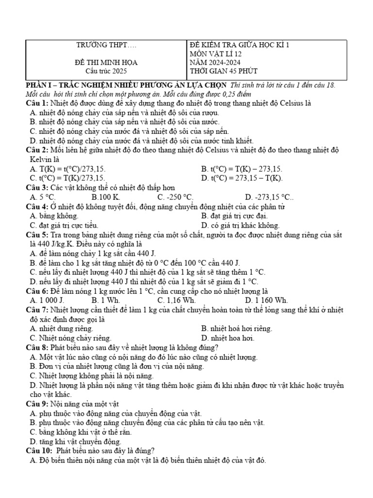 đề 2 vật lí nhiệt ghk1 | PDF
