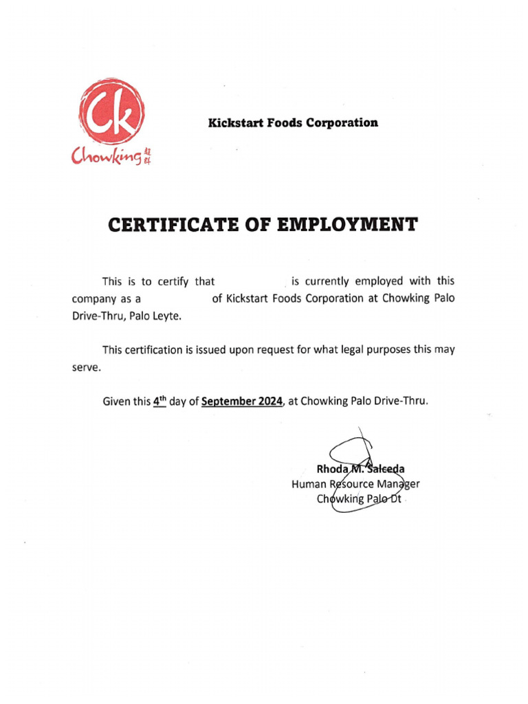 Certificate of Employment of Chowking | PDF
