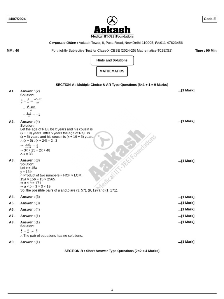 FST-2E (CBSE - G-2) Maths (C-10) (14-07-2024) - SOL | PDF | Numbers | Algebra