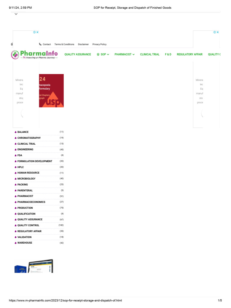 SOP For Receipt, Storage and Dispatch of Finished Goods | PDF