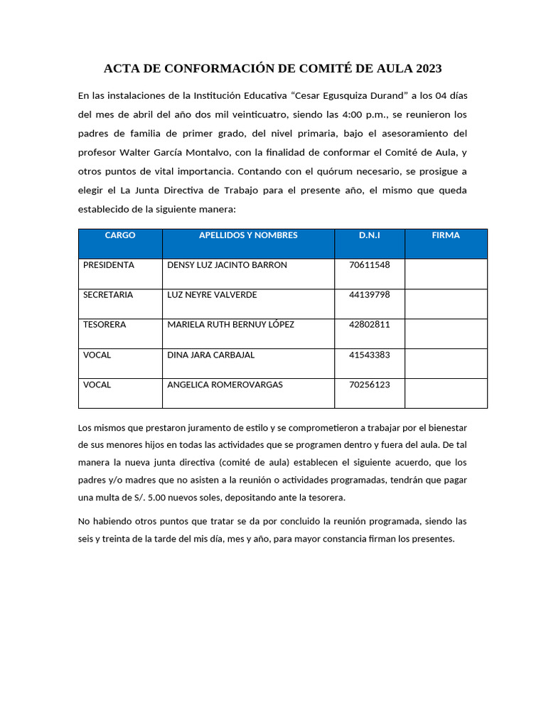 ACTA DE conformacion del comite | PDF