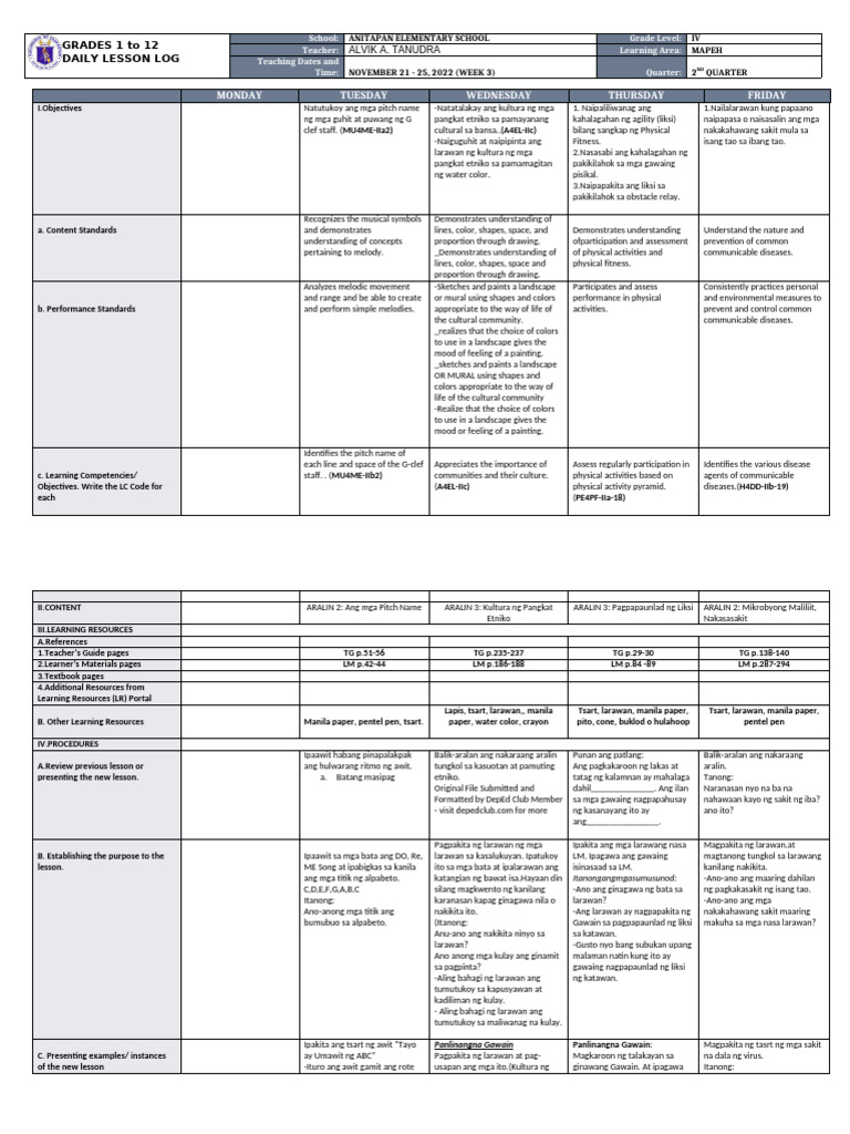 DLL - Mapeh 4 - Q2 - W3 | PDF